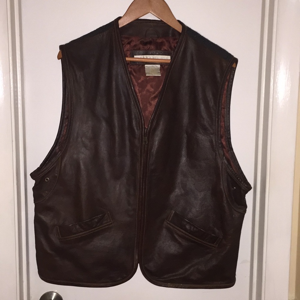 Perry Ellis Brown Leather Zip Front Vest Sz L - Gem